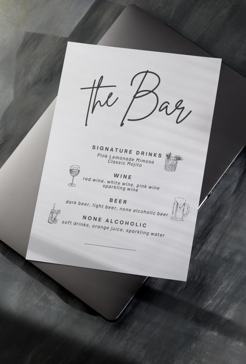 White Simple Elegant Modern Calligraphy Bar Menu Editable Template - Etsy