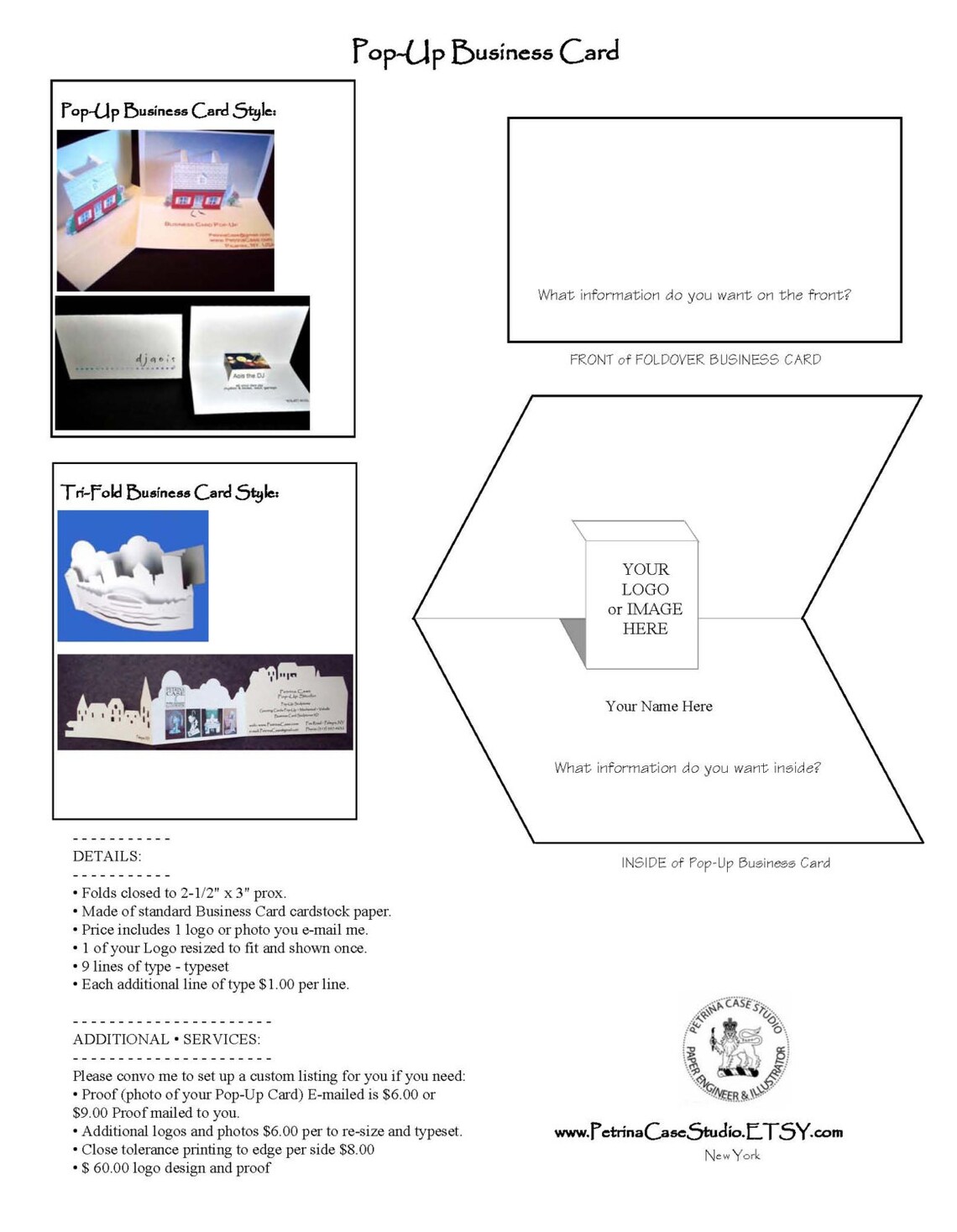 Pop-up Business Card 25 Cards is 1 Set for 19.89 ITEM 8850 - Etsy