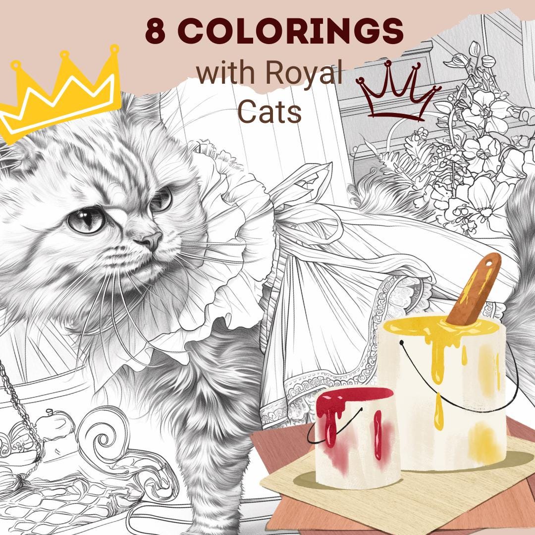 8 Coloring Pages With Adorable Royal Cats - Etsy