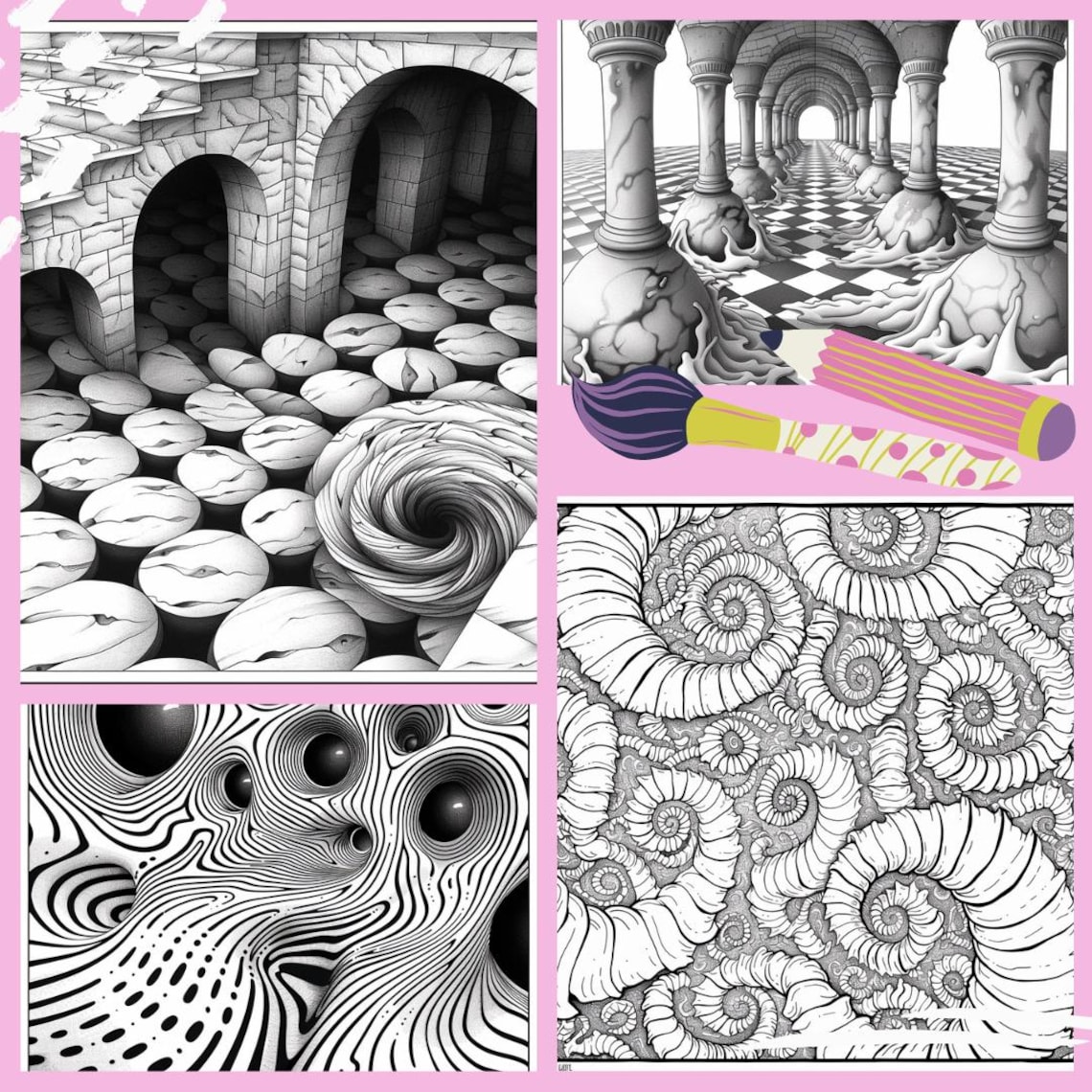 50 Abstract Black and White Coloring Pages With Anamorphic Designs - Etsy
