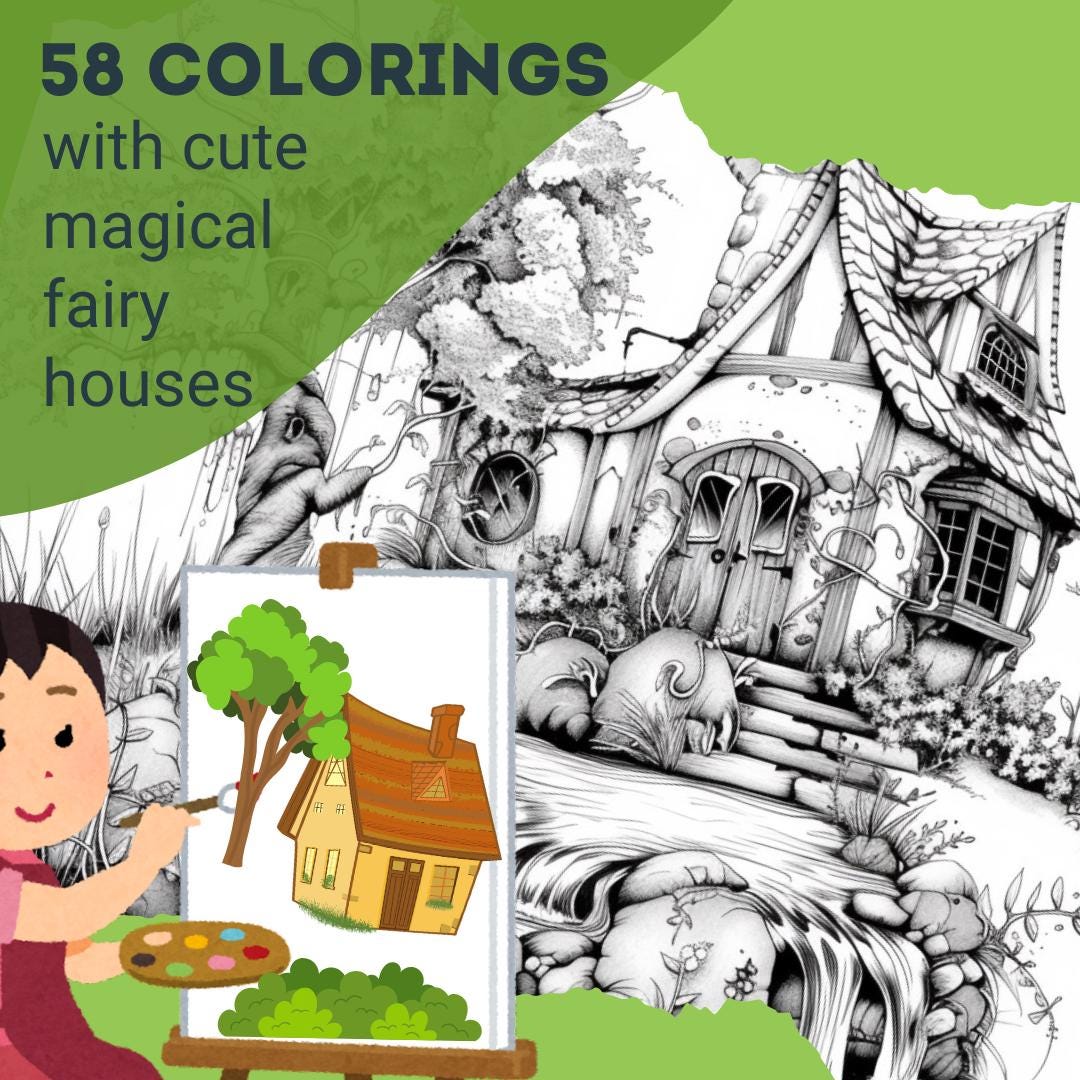 58 Coloring Pages With Cute Magical Fairy Houses by the Stream. Fairy ...
