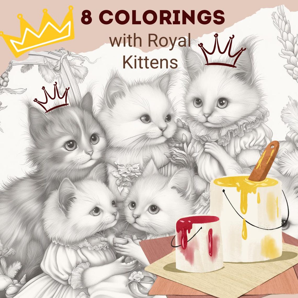 8 Coloring Pages With Adorable Royal Kittens Family - Etsy