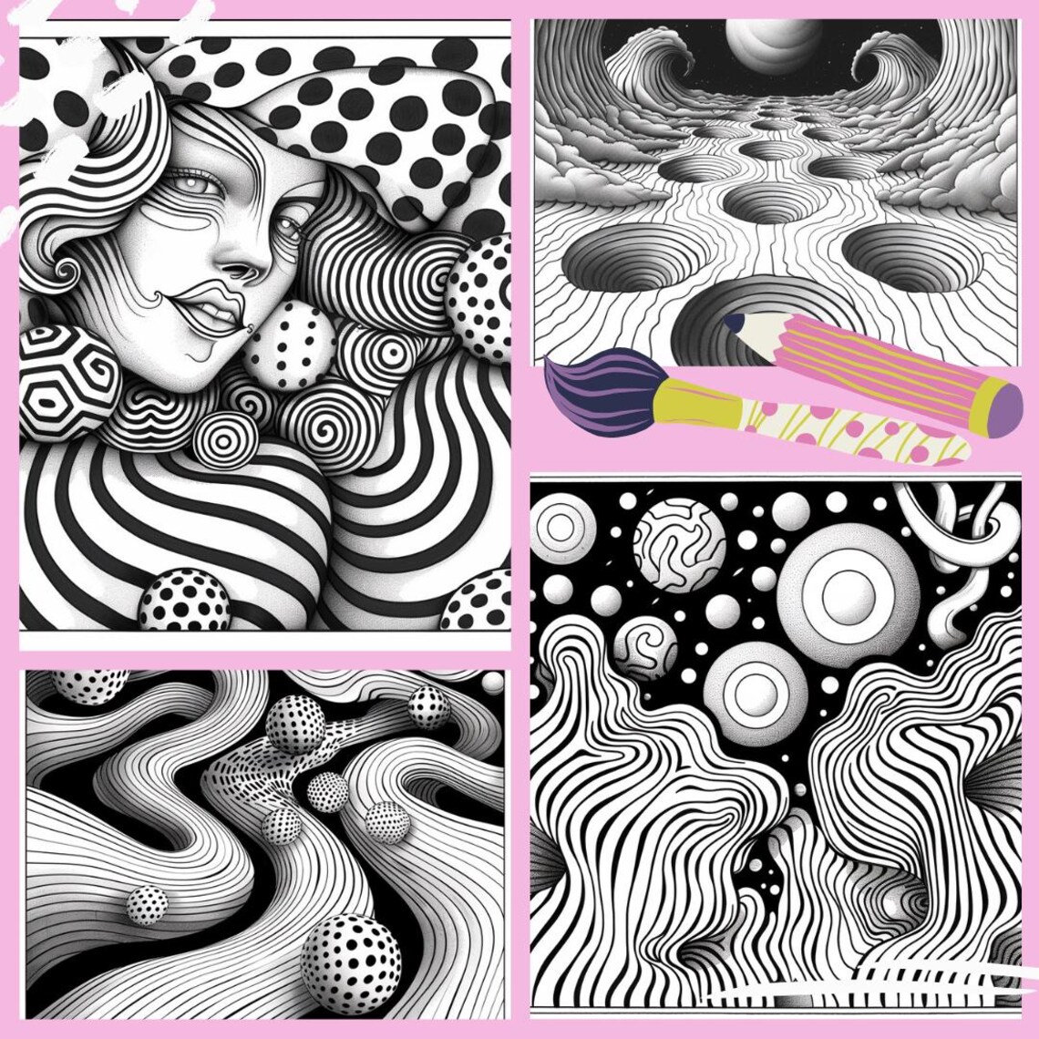 50 Abstract Black and White Coloring Pages With Anamorphic Designs - Etsy
