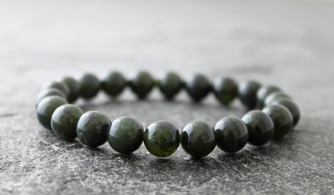 Canadian Nephrite Jade Stretch Bracelet, 10mm Round Dark Green British ...