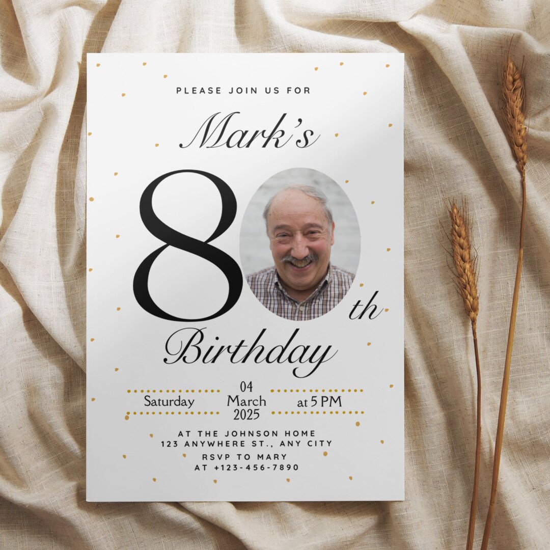 80th Birthday Invitation, Photo Template, Editable Printable (digital ...