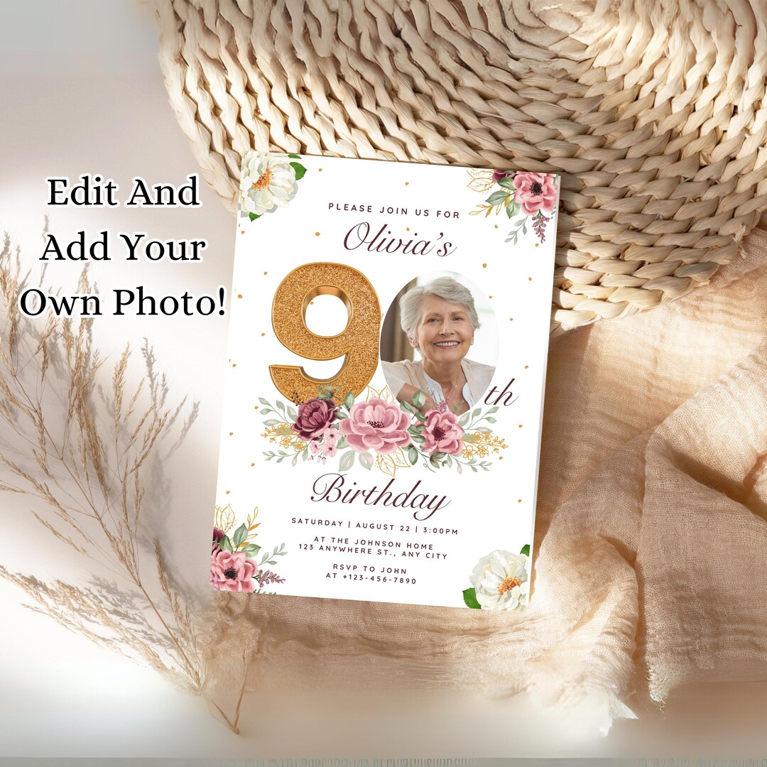 Floral 90th Birthday Invitation, Photo Template (digital Download) - Etsy
