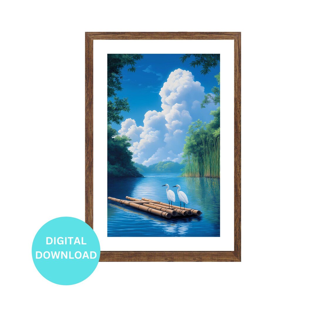 River and Bamboo Raft, Digital Printable Download Wall Art, Landscape ...