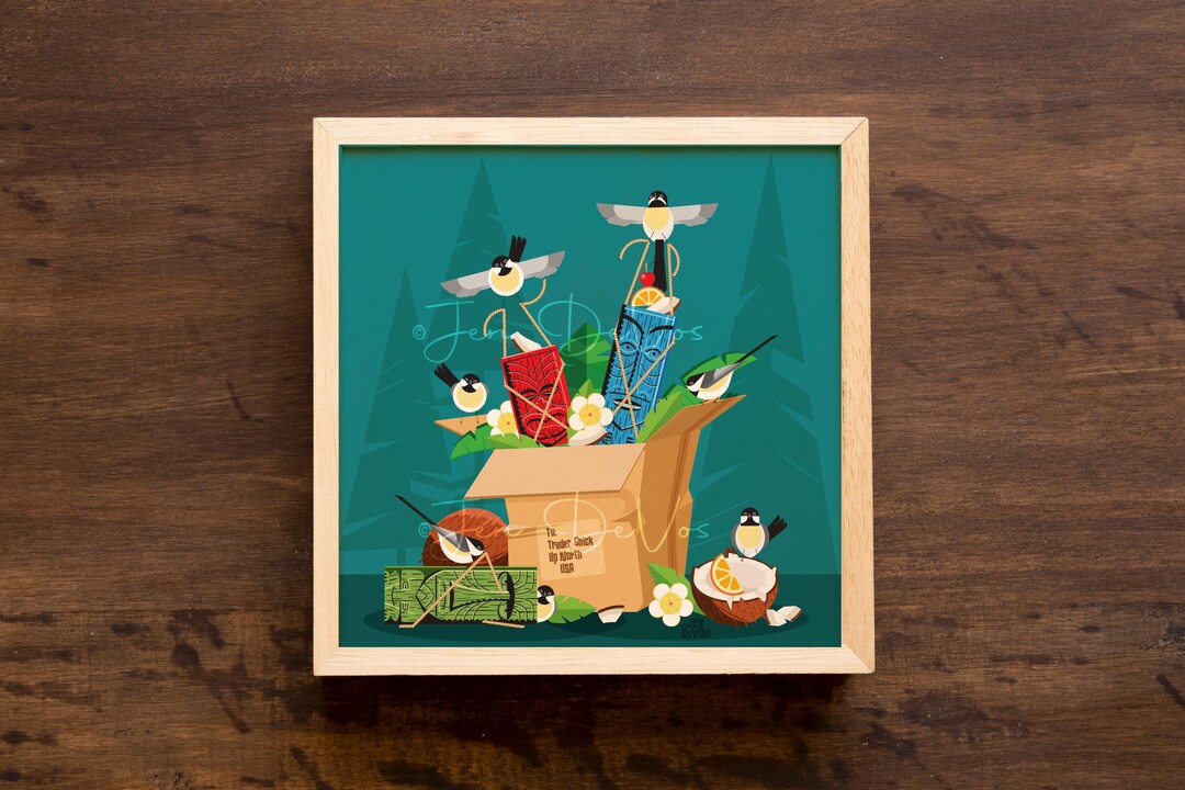 Tiki Cocktail Chickadee Box, Original Art, Printable Art, Mid Century ...