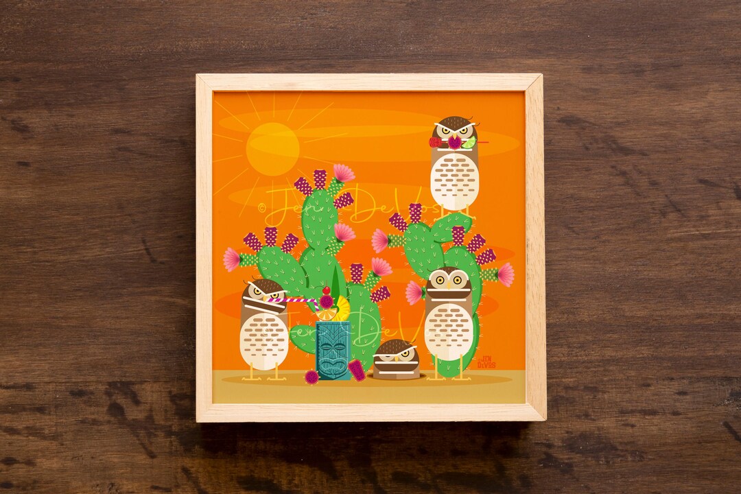 Tiki Cocktail Prickly Pear Burrowing Owls, Original Art, Printable Art ...