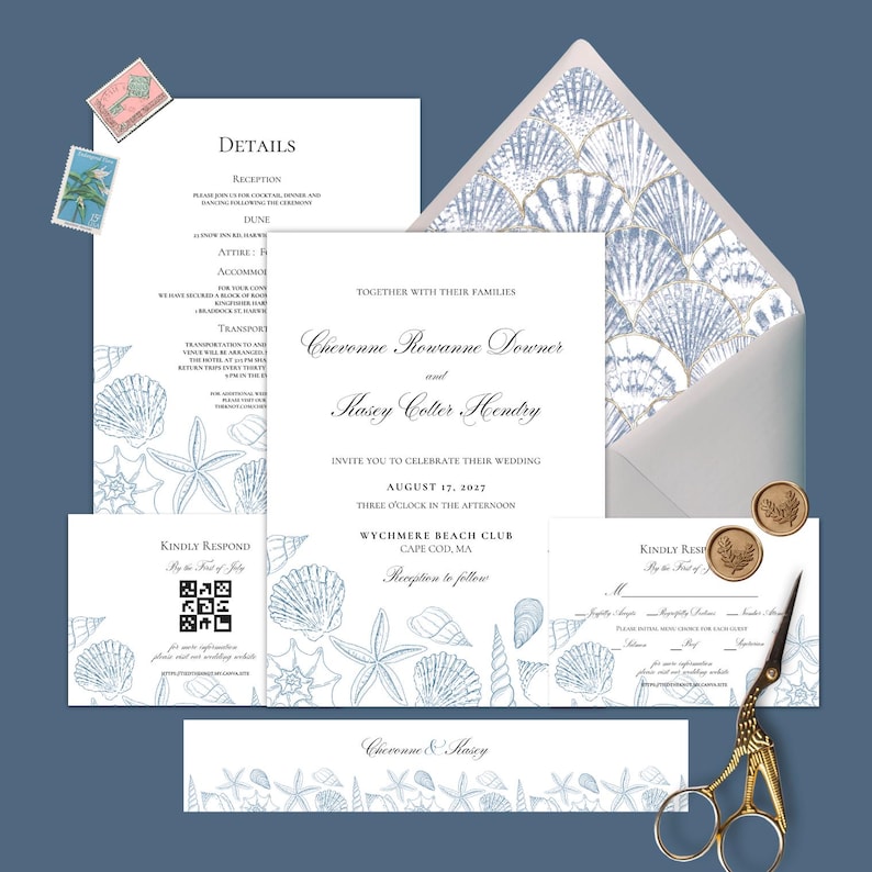 Editable Beach Blue Seashells Wedding Bundle Canva Template, Printable ...