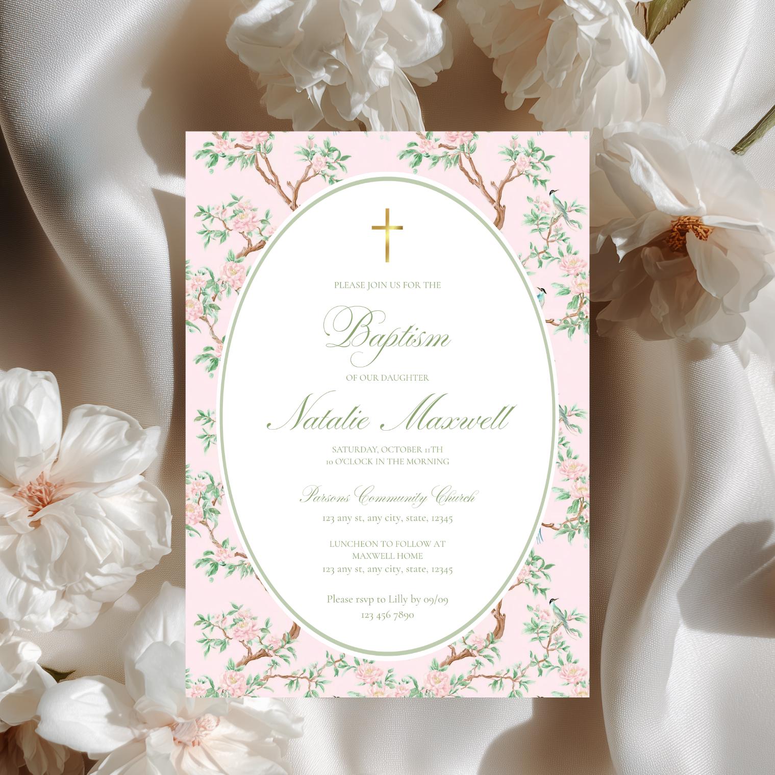 Pastel Floral Toile Girl Baptism Invitation Template, Editable Pink and ...
