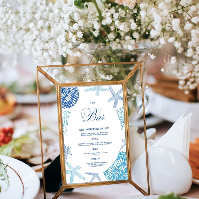 Editable Blue Seashells Bar Menu Canva Template, Custom Beach Wedding ...