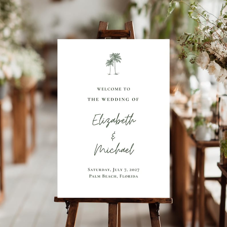 Editable Tropical Green Palm Trees Wedding Welcome Sign Canva Template ...