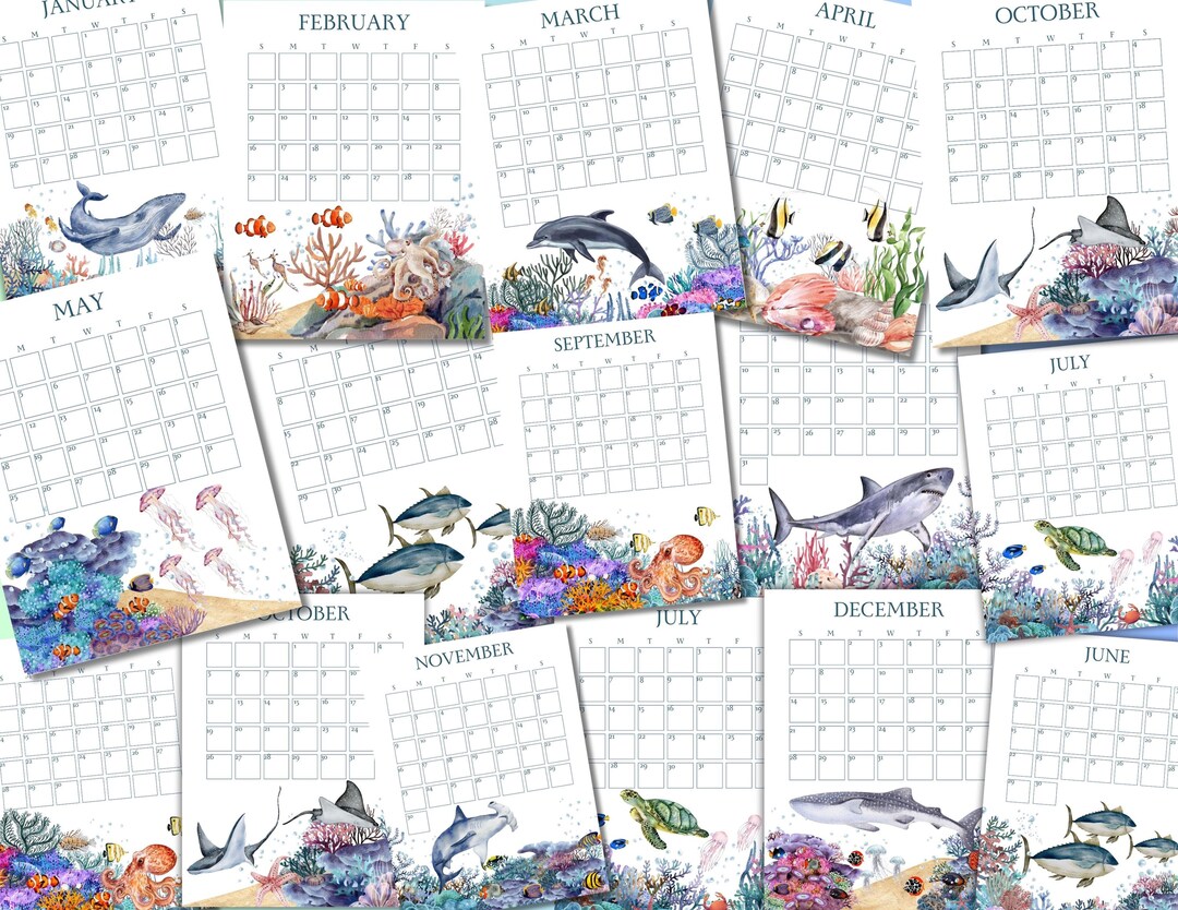 2025 Printable Sea Life Under the Sea Dated Calendar Ocean Animals Wall ...