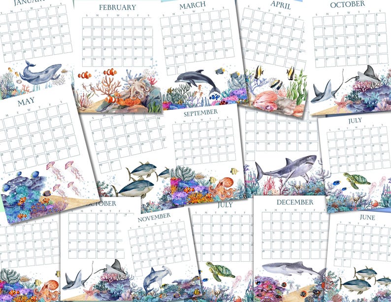 2025 Printable Sea Life Under the Sea Dated Calendar Ocean Animals Wall ...