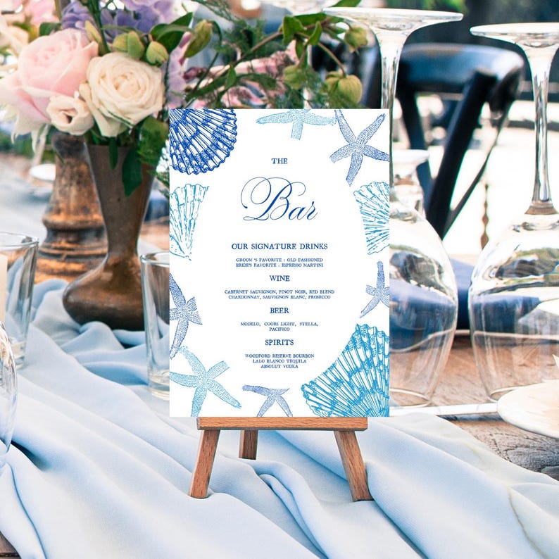 Editable Blue Seashells Bar Menu Canva Template, Custom Beach Wedding ...