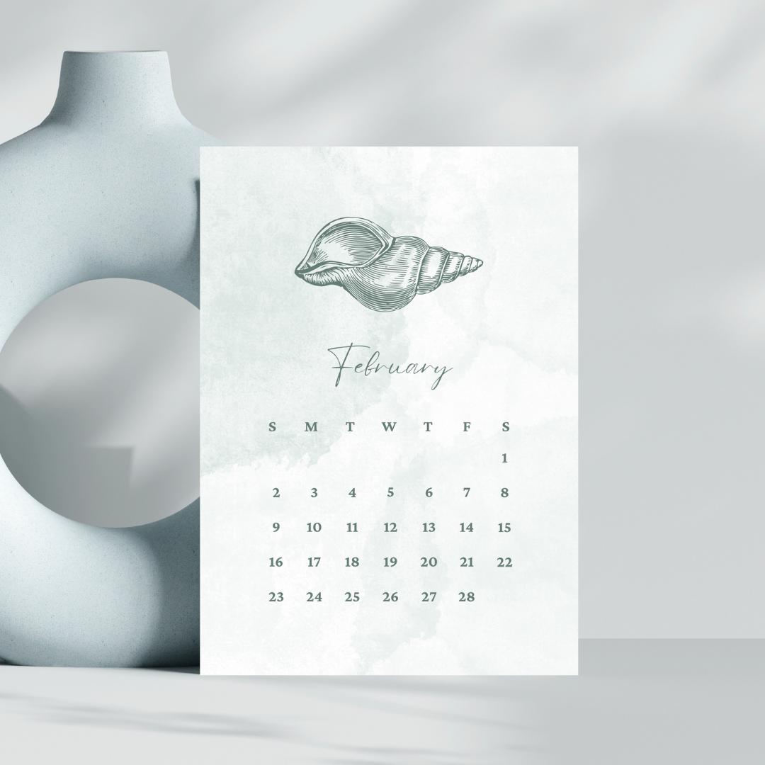 Printable Seashells 2025 Calendar, Coastal Themed Dated Desk Calendar ...