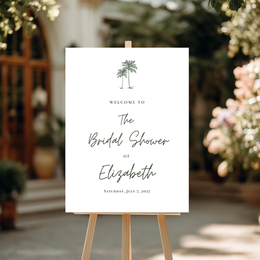 Editable Beach Palm Tree Bridal Shower Welcome Sign Canva Template ...
