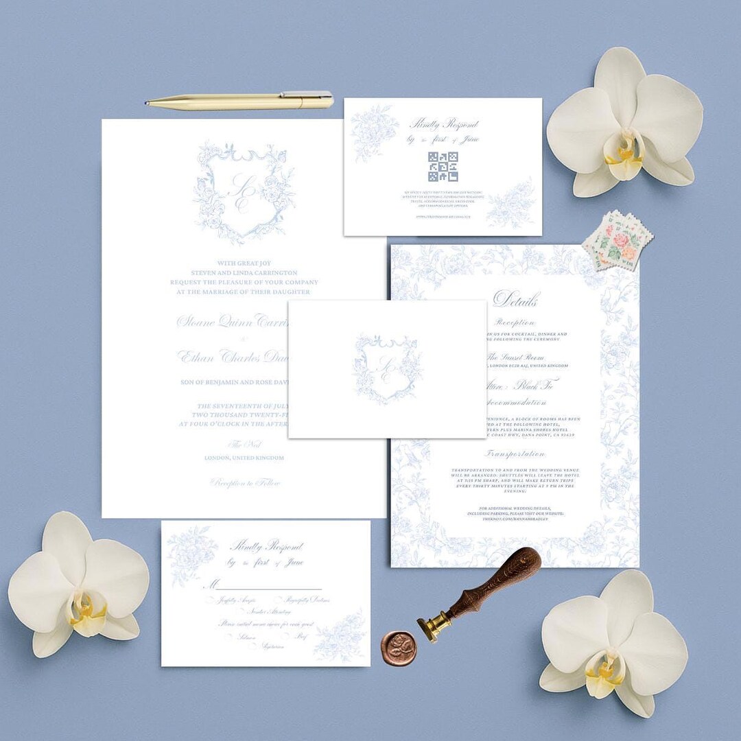 Editable Blue Wedding Crest With Monogram Invite Suite Template, Toile ...