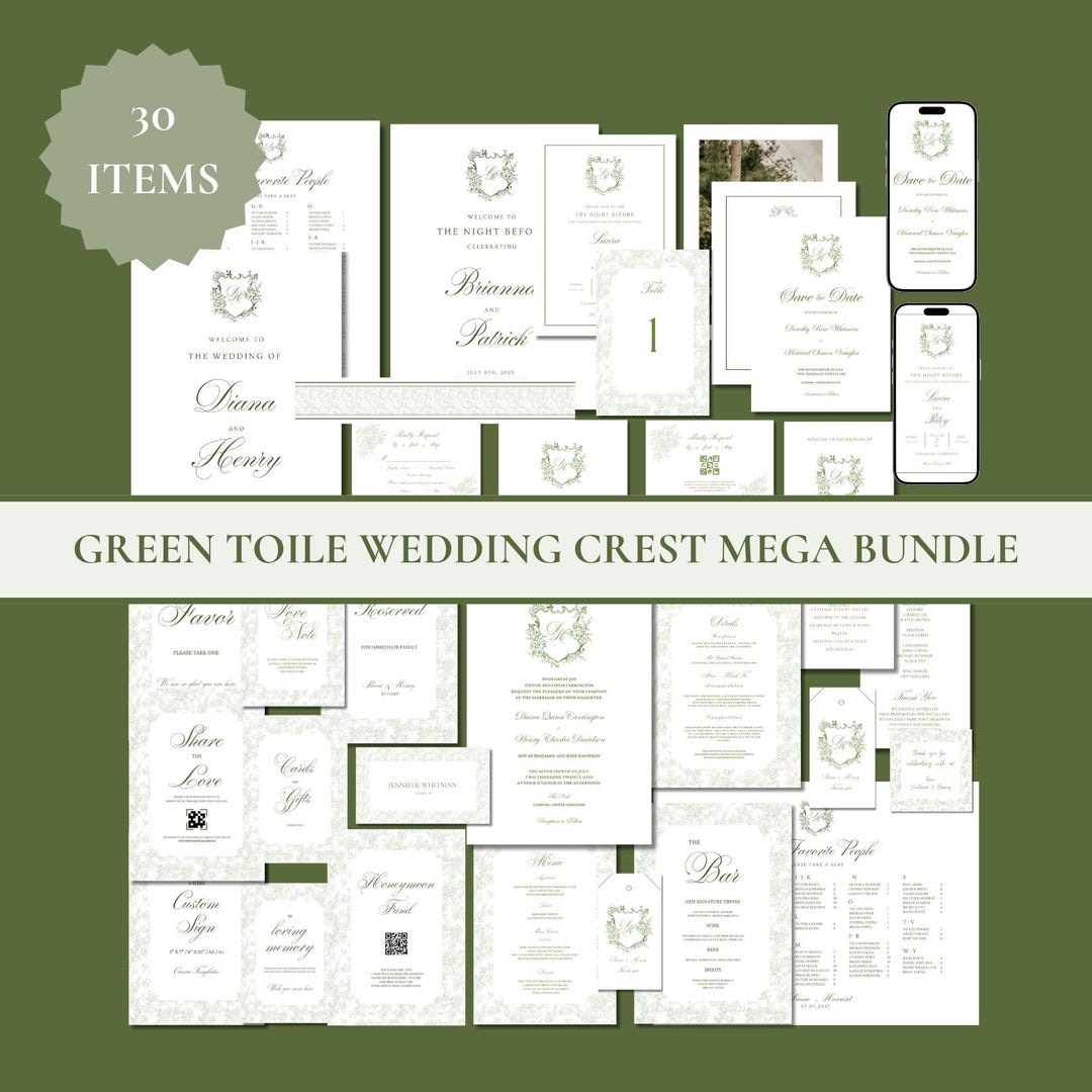 Editable Green Toile Monogram Crest Wedding Mega Bundle Canva Template ...