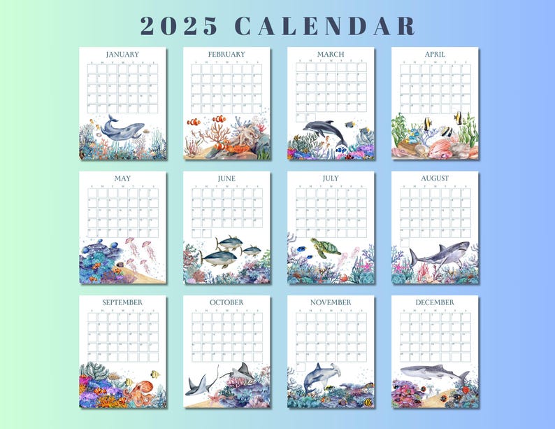 2025 Printable Sea Life Under the Sea Dated Calendar Ocean Animals Wall ...