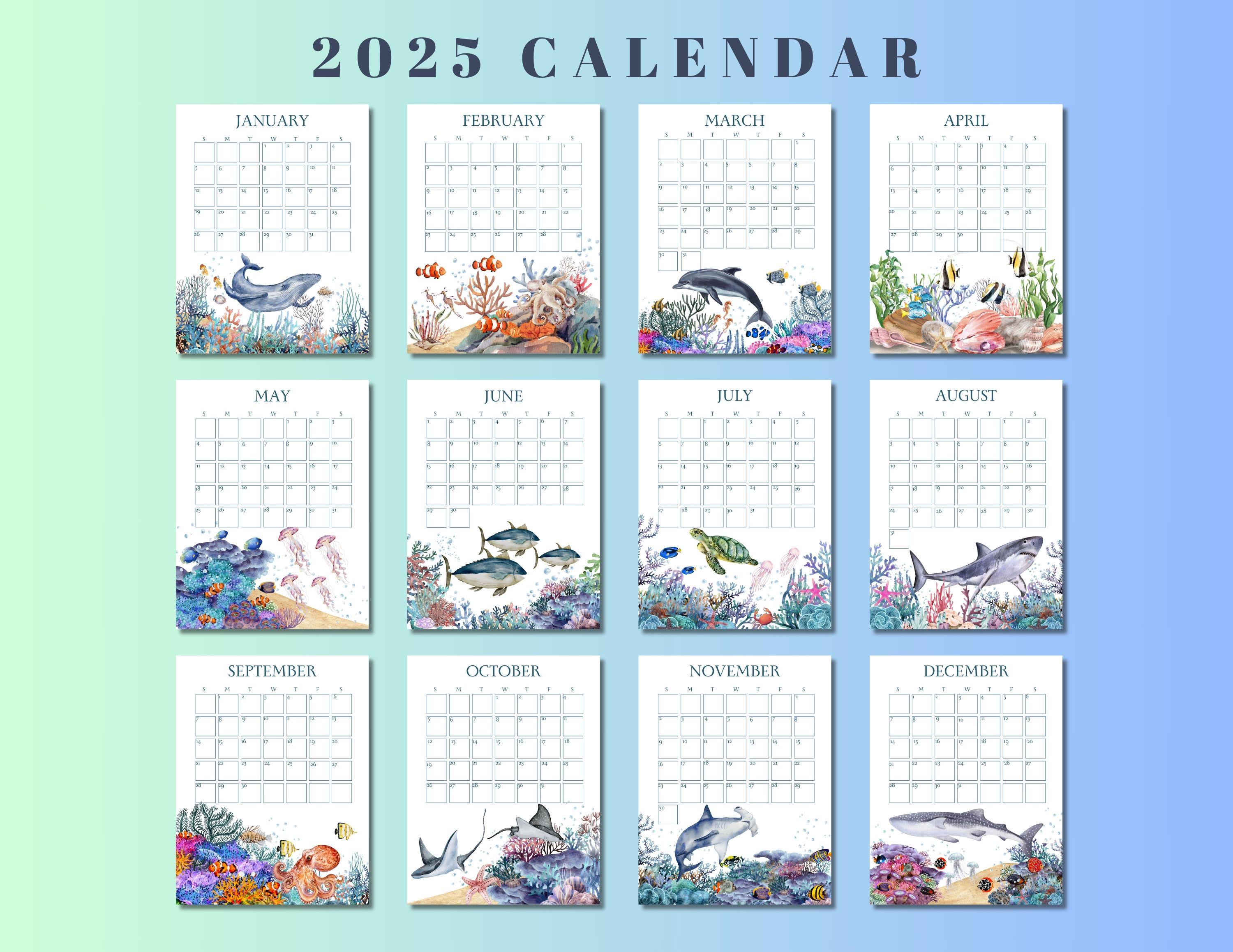 2025 Printable Sea Life Under the Sea Dated Calendar Ocean Animals Wall ...
