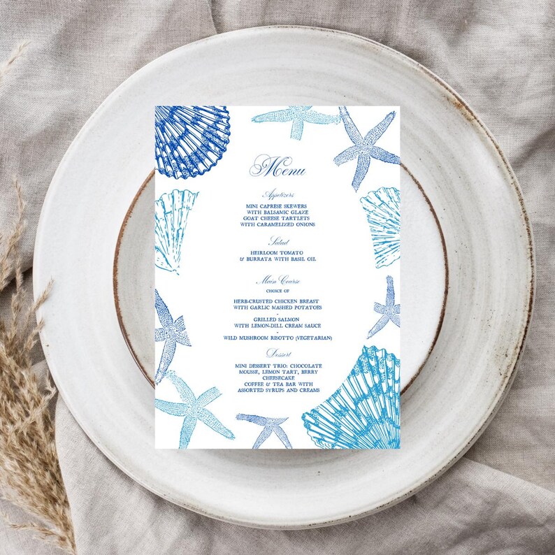 Editable Blue Seashells Menu Canva Template, Custom Beach Wedding ...
