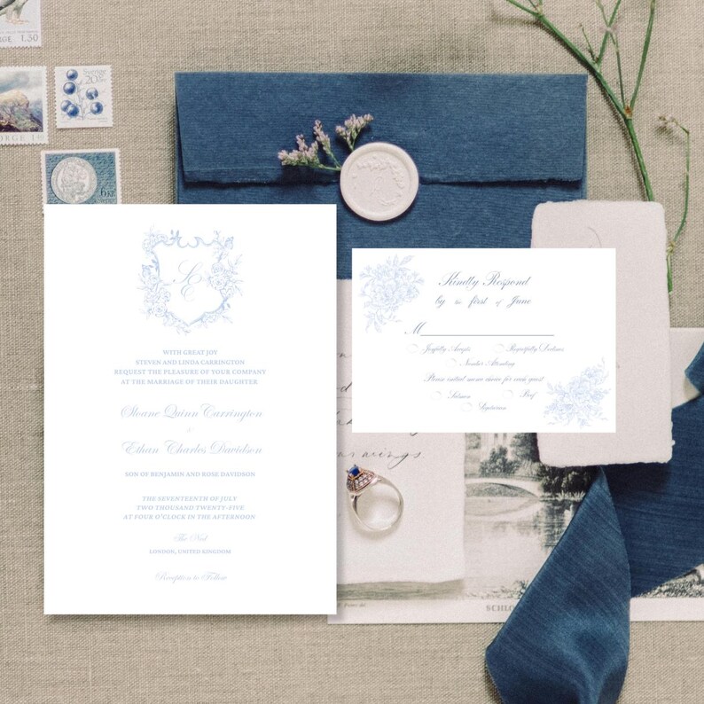 Editable Blue Monogram Crest Wedding Invitation Suite Canva Template ...