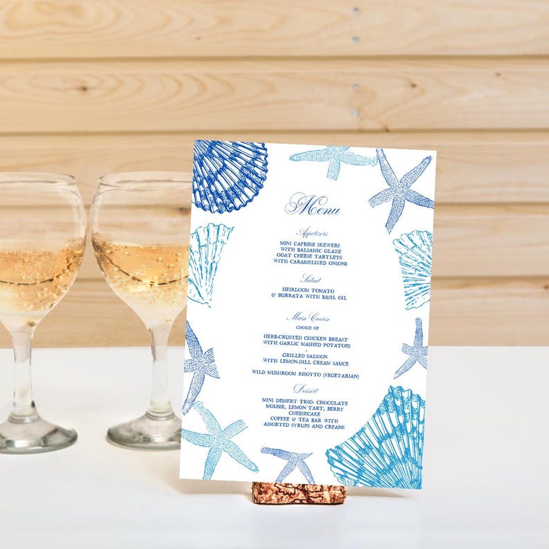 Editable Blue Seashells Menu Canva Template, Custom Beach Wedding ...