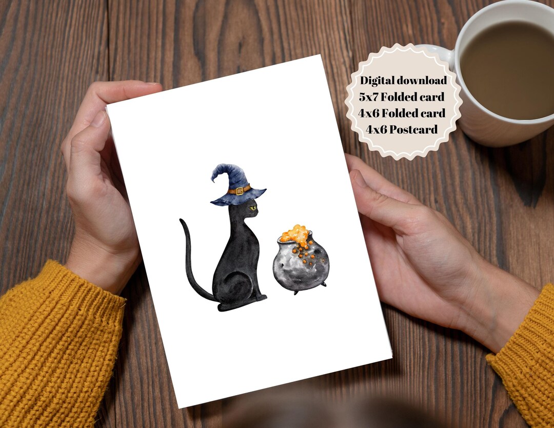 Printable Halloween Cards, Witchy Black Cat Wearing Witch Hat With A ...