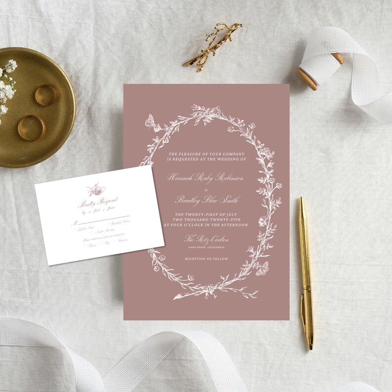 Editable Dusty Rose Floral Crest Wedding Invitation Suite Canva ...