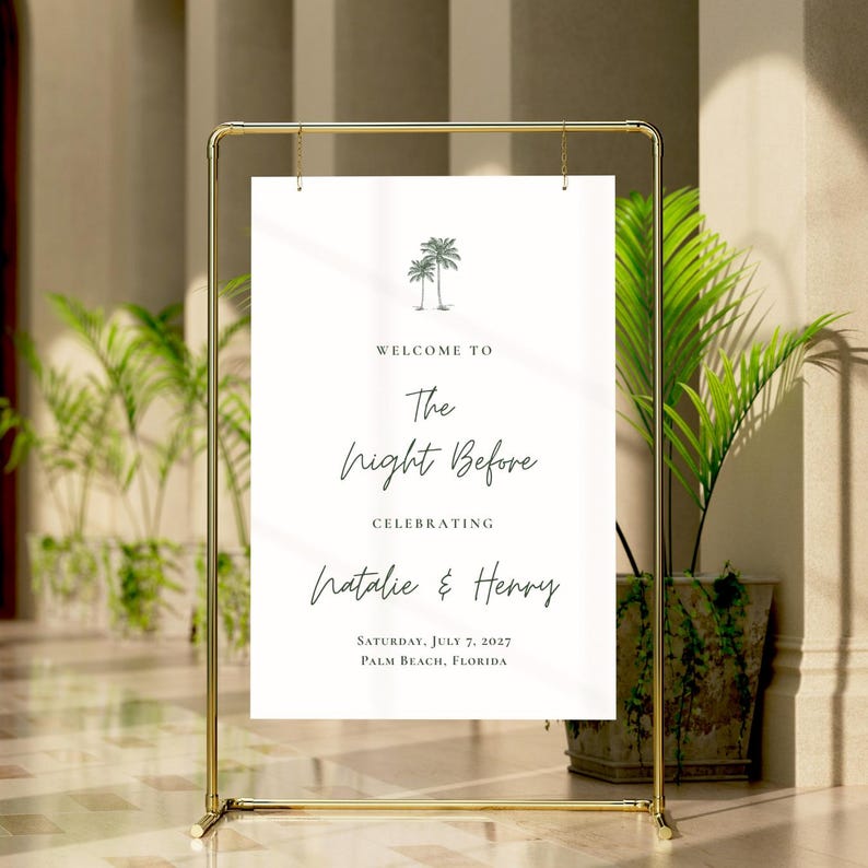 Editable Tropical Palm Trees the Night Before Wedding Welcome Sign ...