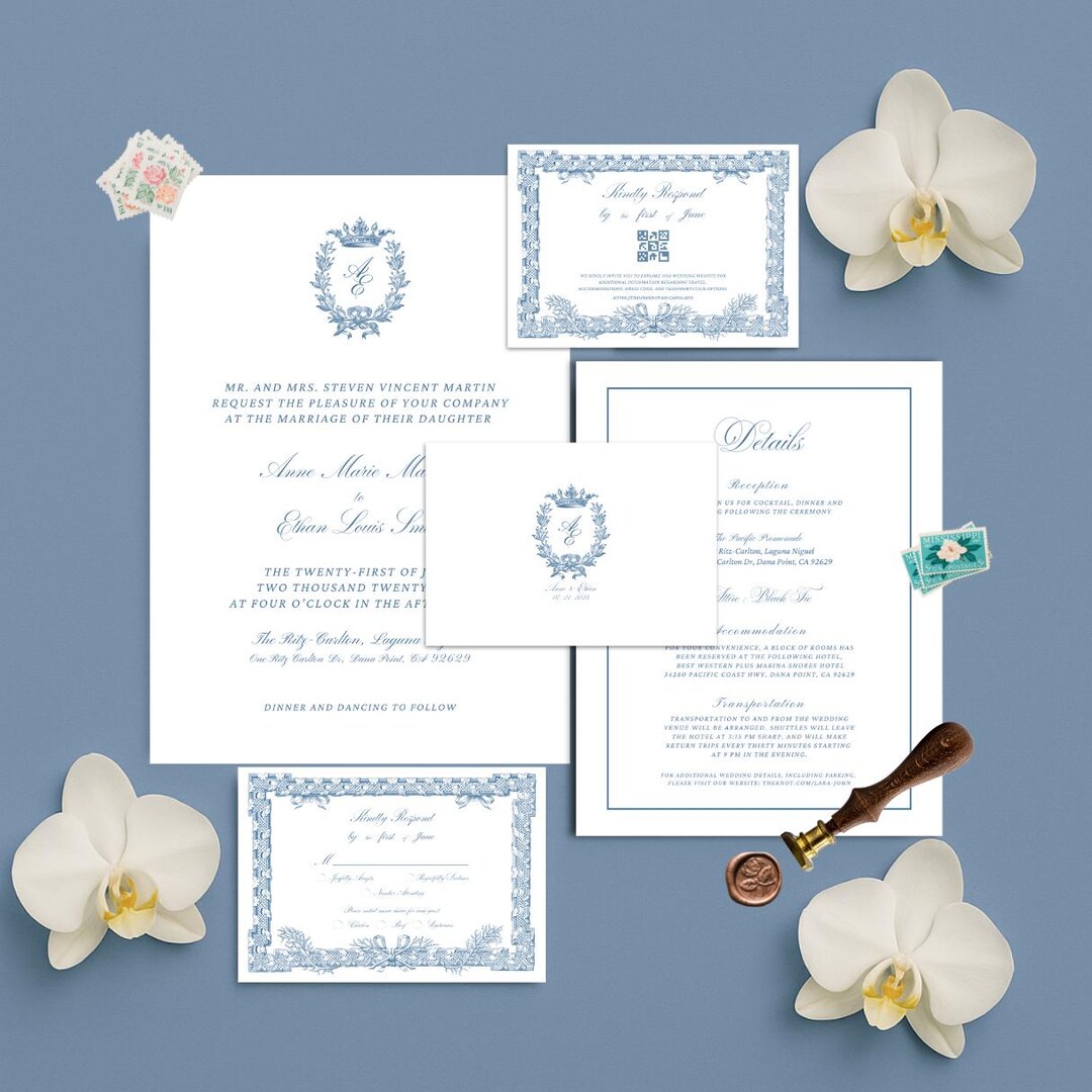 Editable Vintage Blue Crown Crest Wedding Invitation Suite Canva ...