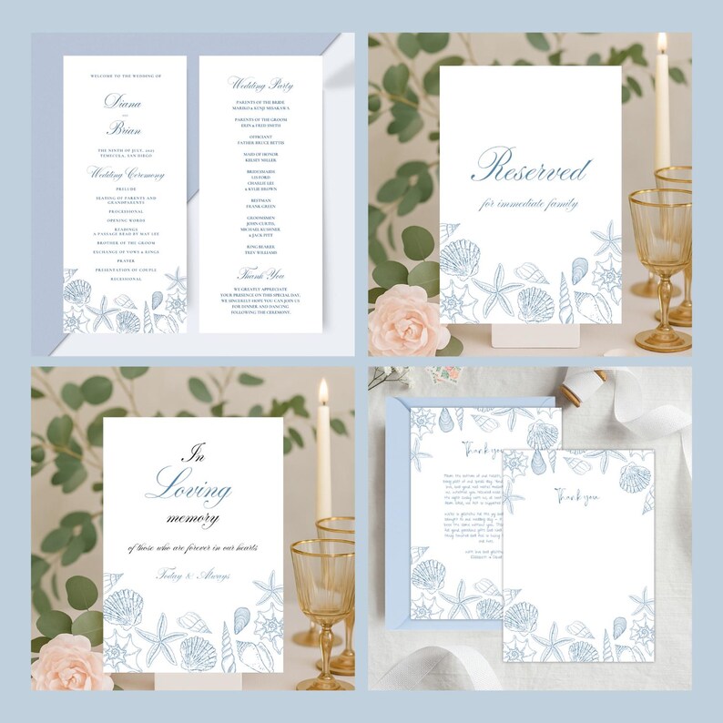 Editable Beach Blue Seashells Wedding Bundle Canva Template, Printable ...
