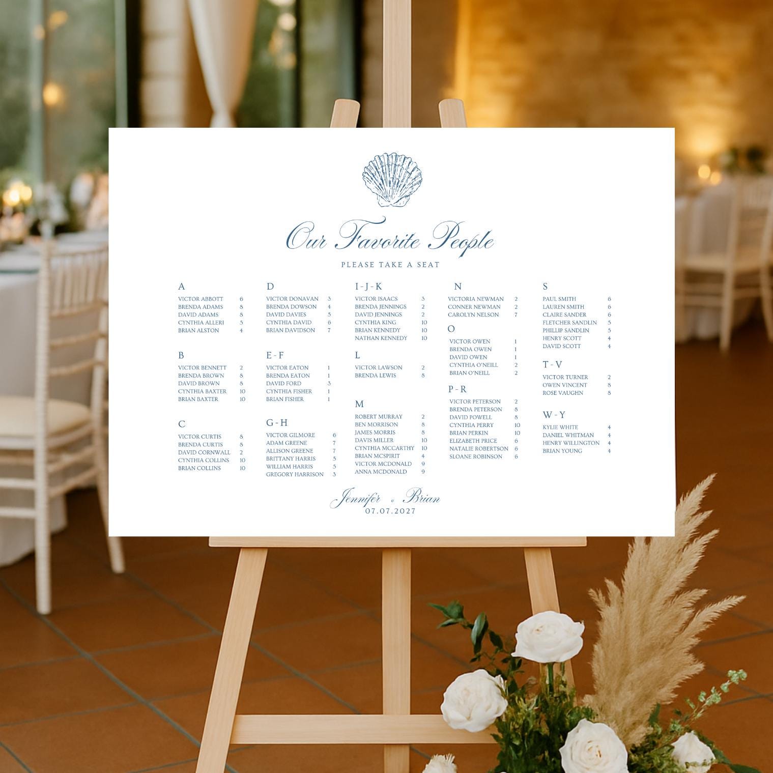 Editable Blue Seashell Beach Wedding Alphabetical Seating Chart Canva ...
