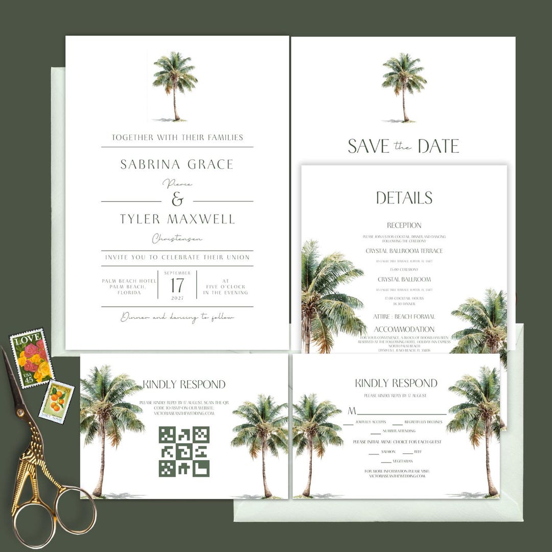 Editable Tropical Palm Trees Wedding Invitation Suite Canva Template ...