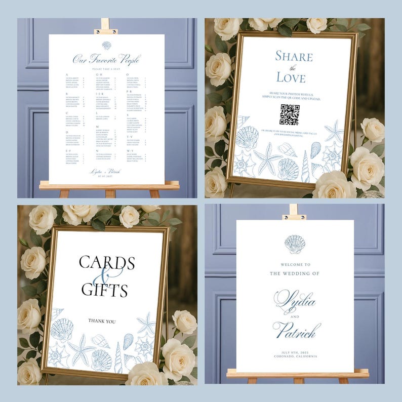 Editable Beach Blue Seashells Wedding Bundle Canva Template, Printable ...