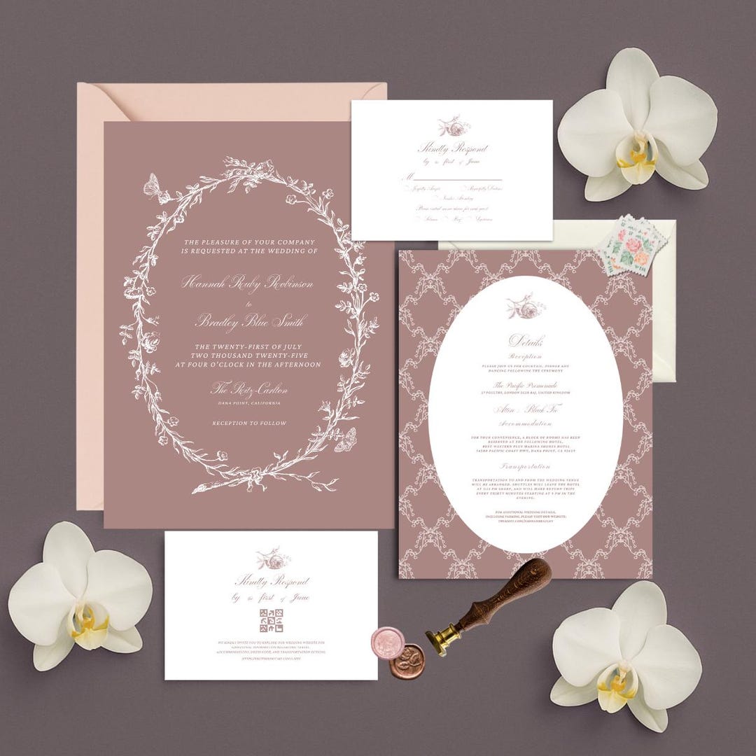 Editable Dusty Rose Floral Crest Wedding Invitation Suite Canva ...