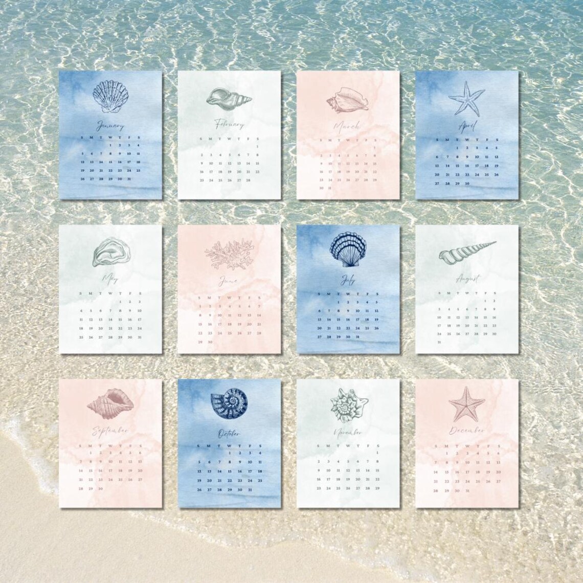 Printable Seashells 2025 Calendar, Coastal Themed Dated Desk Calendar ...