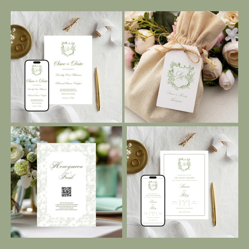 Editable Green Toile Monogram Crest Wedding Mega Bundle Canva Template ...