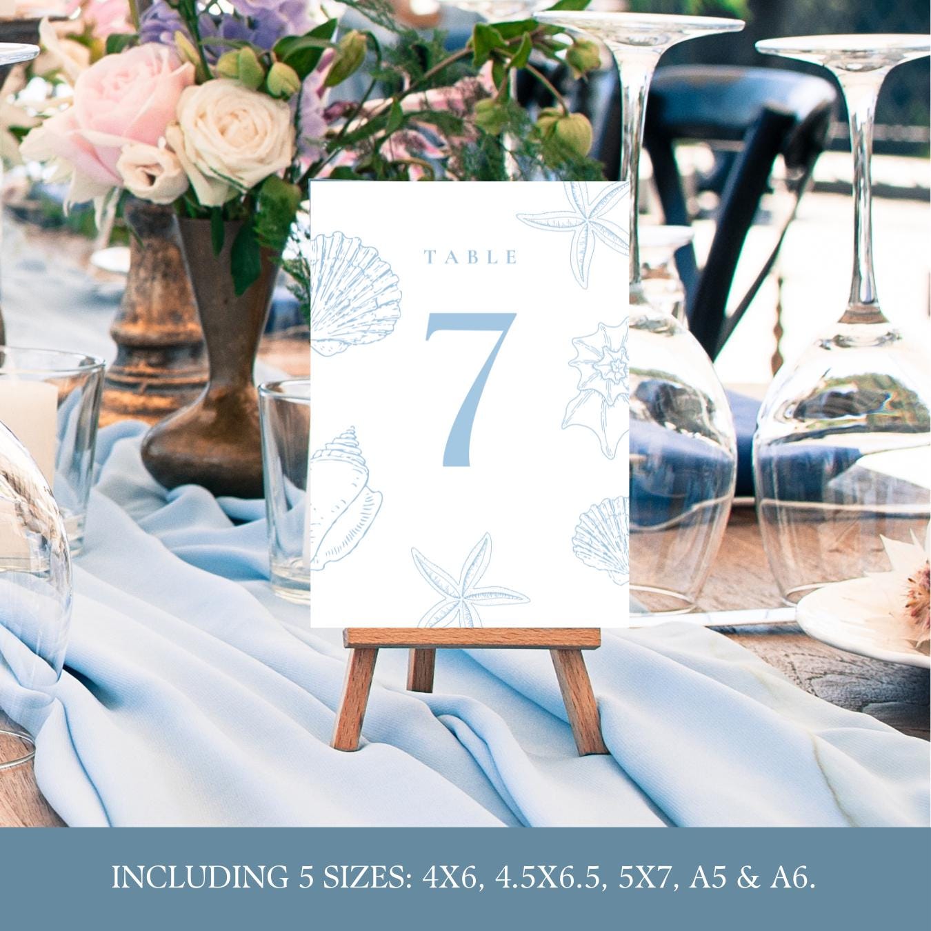 Editable Coastal Blue Seashells Table Numbers Canva Template, Printable ...