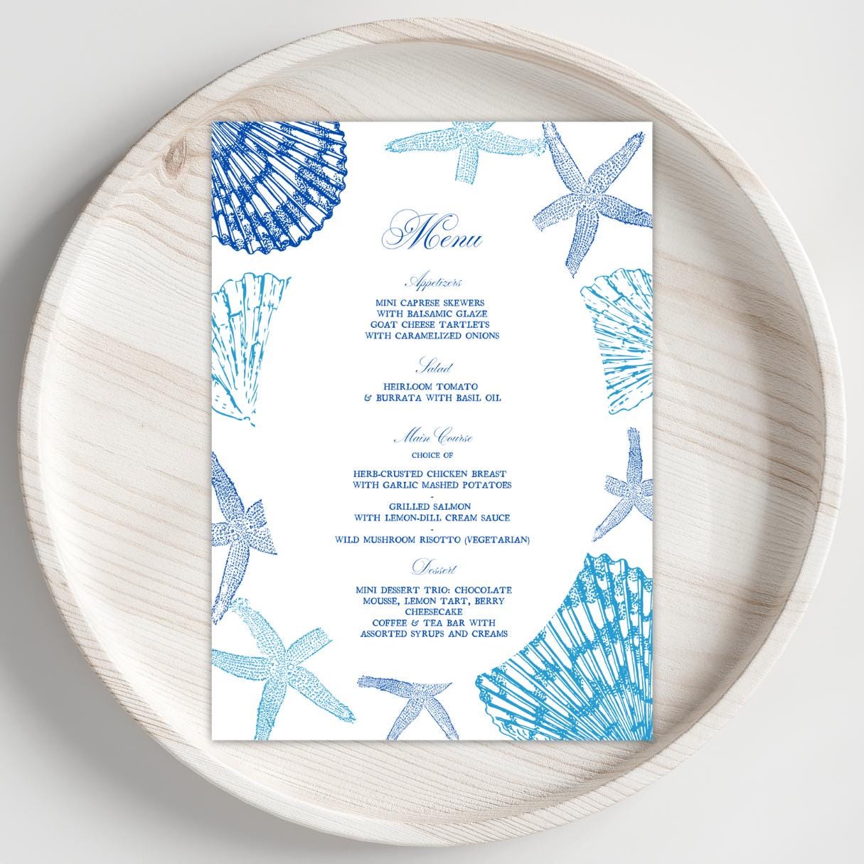 Editable Blue Seashells Menu Canva Template, Custom Beach Wedding ...