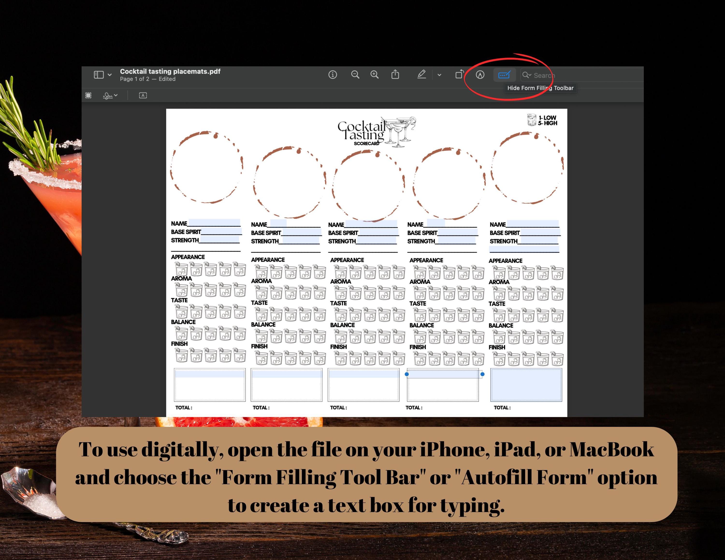 Printable Cocktail Tasting Scorecards Placemat, Cocktail Party Drink ...