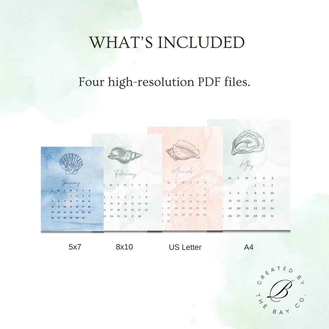 Printable Seashells 2025 Calendar, Coastal Themed Dated Desk Calendar ...