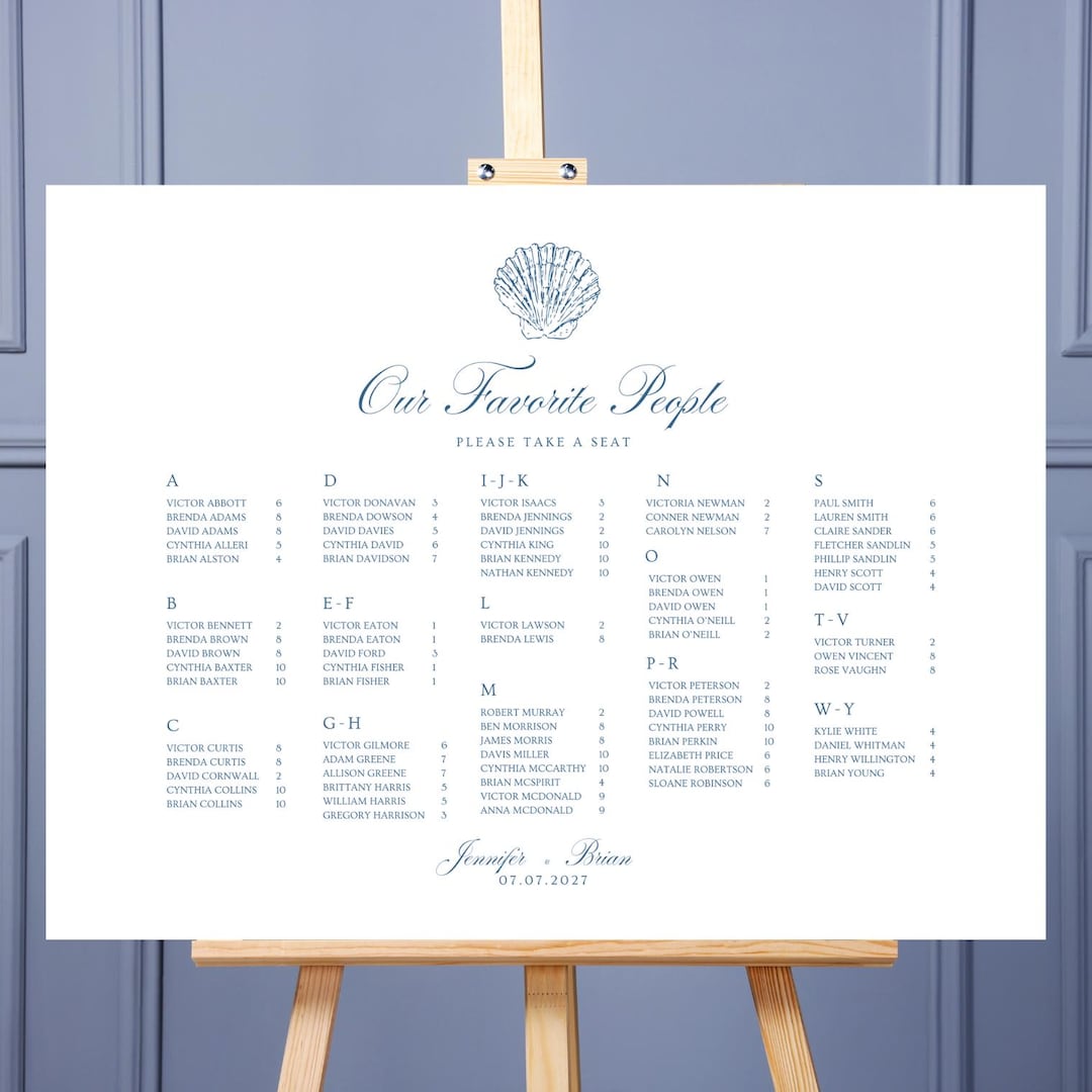 Editable Blue Seashell Beach Wedding Alphabetical Seating Chart Canva ...