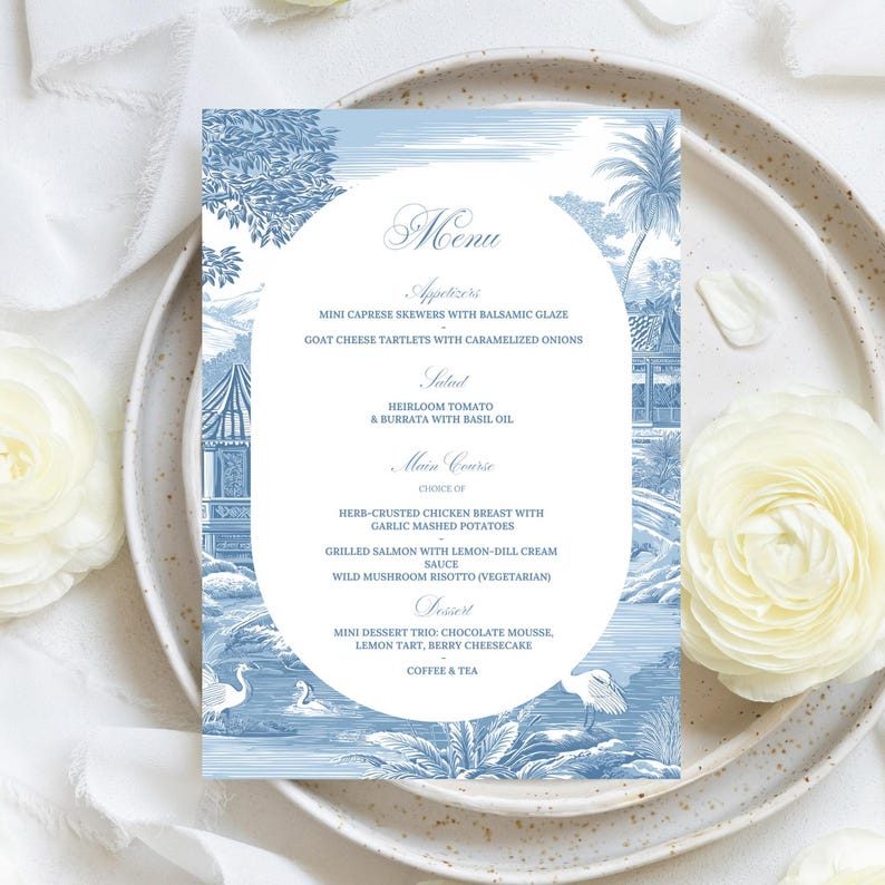 Editable Blue French Country Wedding Food Menu Canva Template ...
