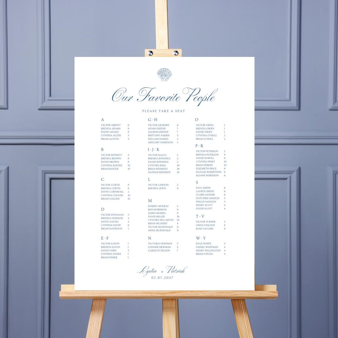 Editable Blue Seashell Wedding Alphabetical Seating Chart Canva ...