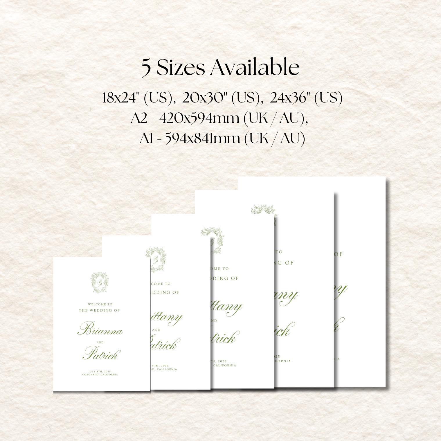 Editable Green Wedding Monogram Crest Welcome Sign Canva Template ...