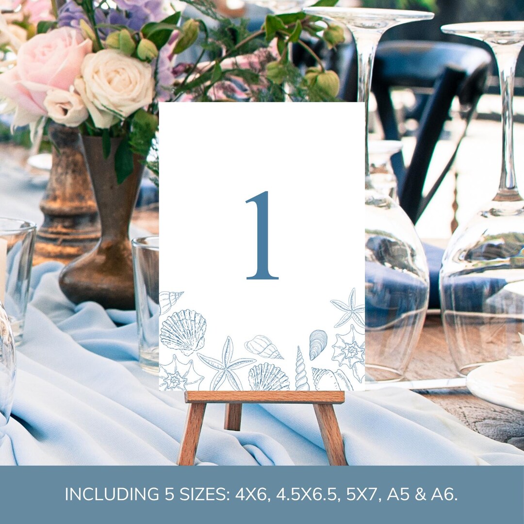 Editable Blue Seashells Beach Wedding Table Number Canva Template ...