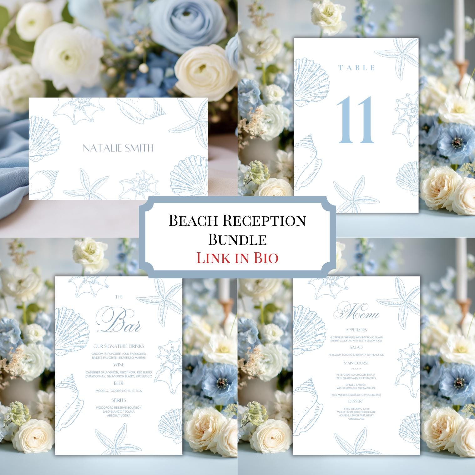 Editable Coastal Blue Seashells Table Numbers Canva Template, Printable ...